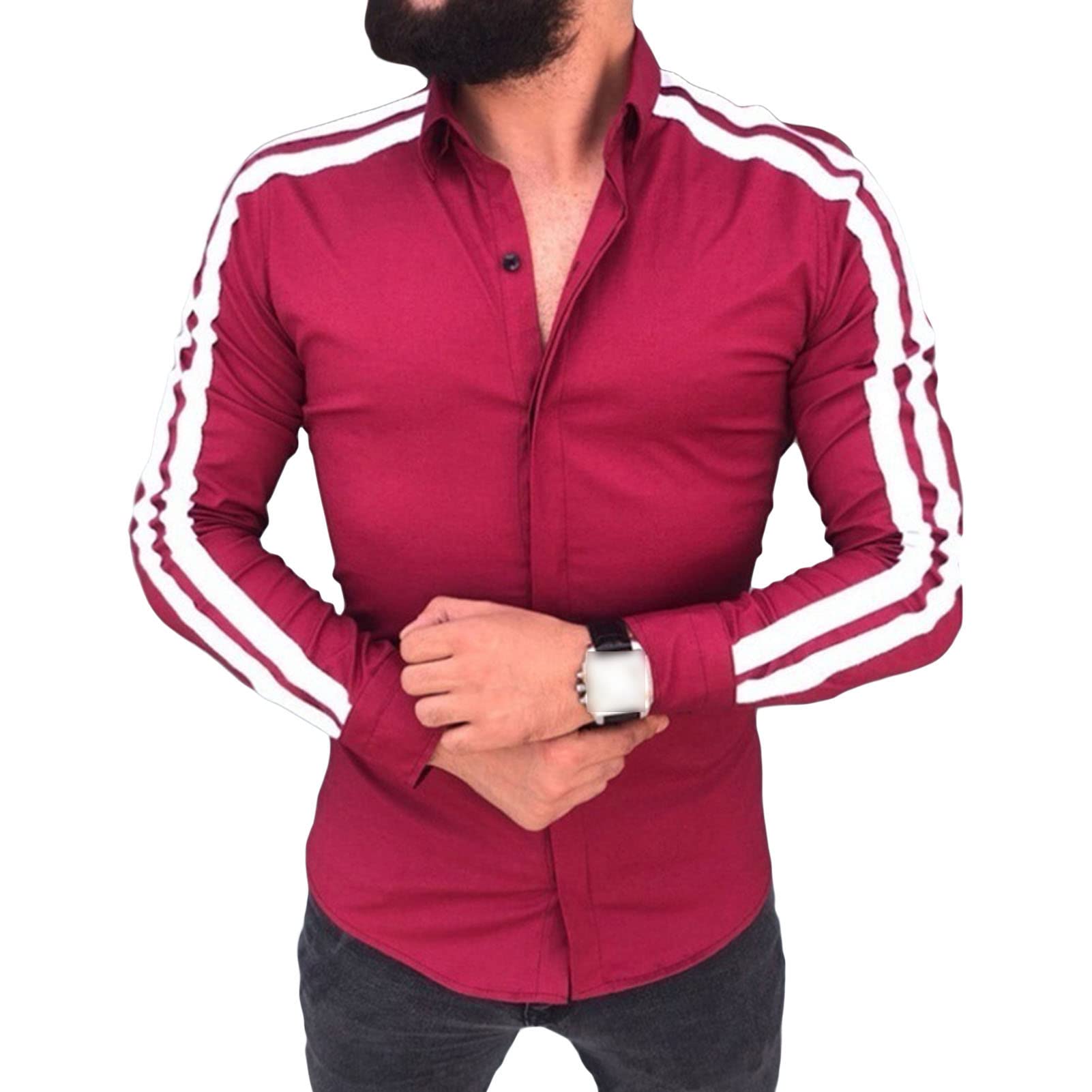 Men's Long Sleeve Striped Dress Shirts Patchwork Casual Button Down Shirts Slim Fit Turn-Down Collar Shirt Top (Red,Medium)