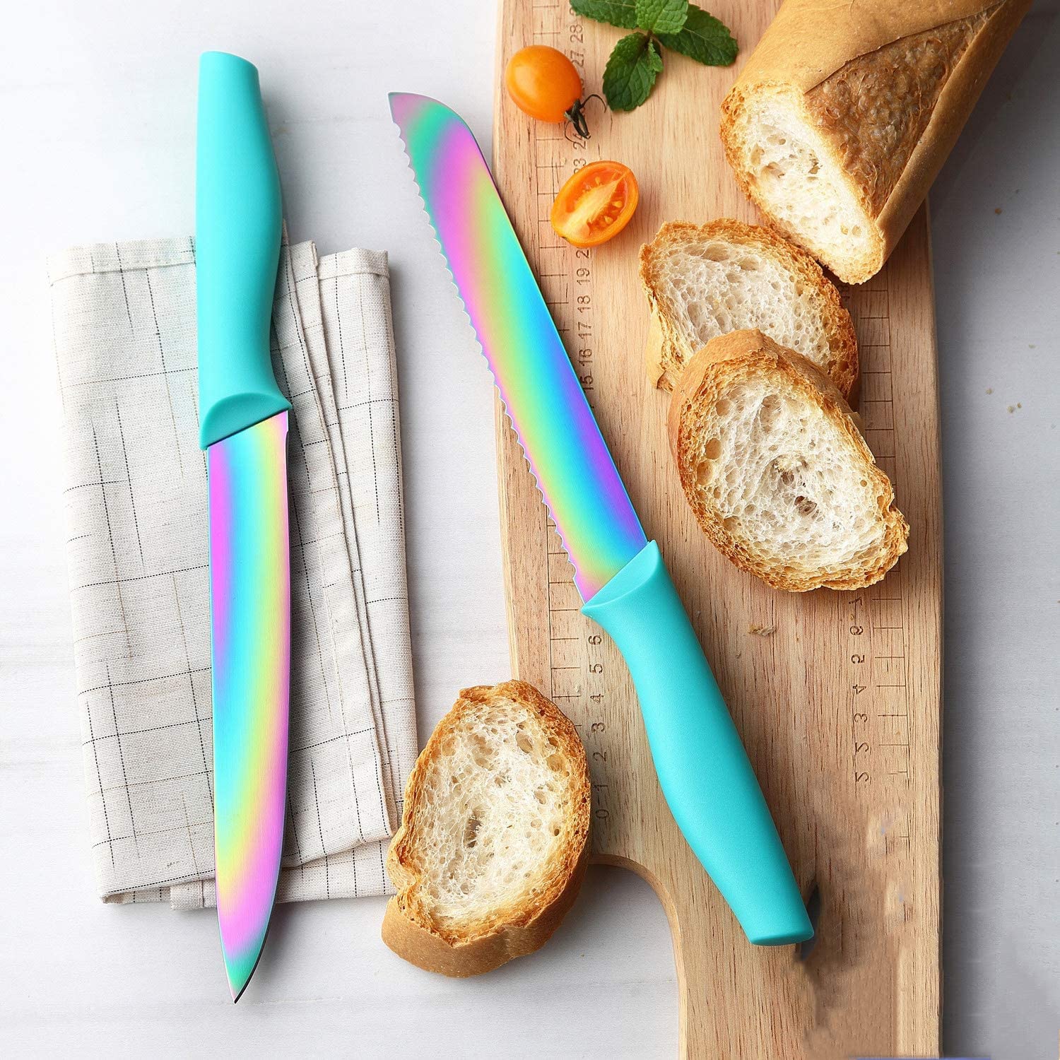 Knife Set, 18-Piece Rainbow Titanium Coating Cutlery Knives Block Set 14pcs Rainbow Titanium Stainless Steel Chef Knives, can opener , Acrylic Block Stand, Sharp Scissors and Peeler (Teal)