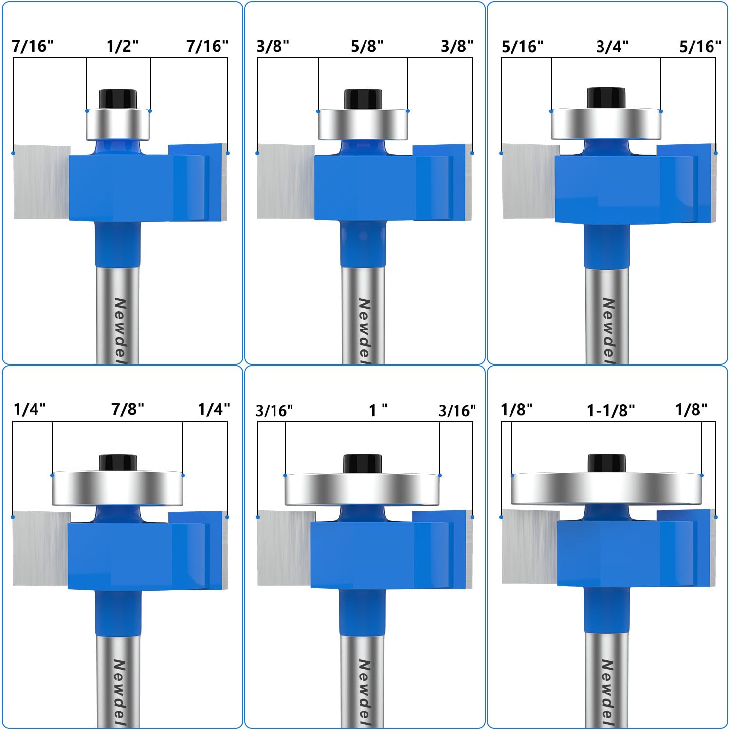 Newdeli Rabbet Router Bit Set 1/4 Inch Shank - 4Pcs Rabbeting Router Bits(1/8",1/4",3/8", 1/2" Height) with 6 Bearings Set (3/8", 1/2", 5/8", 3/4", 7/8", 1-1/8" Bearings) - Wood Biscuit Slot Cutters