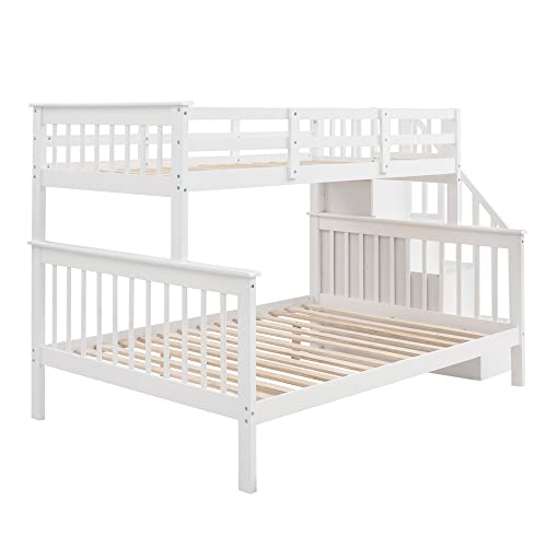 BIADNBZ Twin Over Full Bunk Bed with Stairs Storage and Safety Guardrails, Solid Wood Bunkbeds Frame for Kids Teens Adults Bedroom Dorm, White