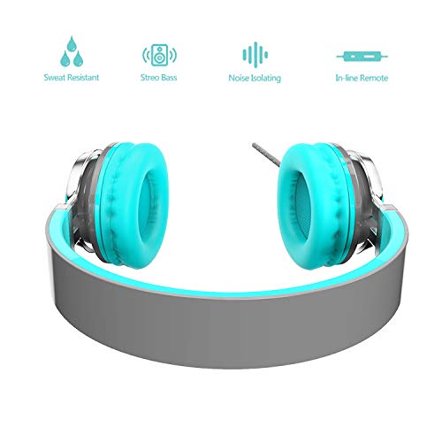 ELECDER i39 Headphones with Microphone Foldable Lightweight Adjustable On Ear Headsets with 3.5mm Jack for Cellphones Computer MP3/4 Kindle School (Mint/Gray)