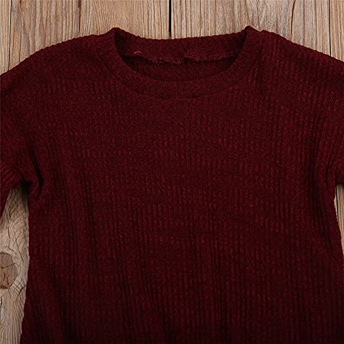 Toddler Baby Girl Knitted Sweater Kid Lentern Sleeve Ruffle Warm Spring Fall Winter Pullover Tops Outfits (Wine Red, 2-3T)