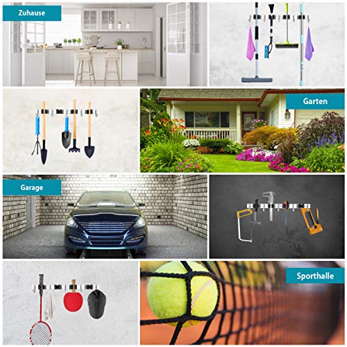 SHYOSUCCE Mop Broom Holder Wall Mount with 4 Racks and 5 Hooks, 304 Stainless Steel Broom Organizer for Garden Garage Kitchen Bathroom (Black)