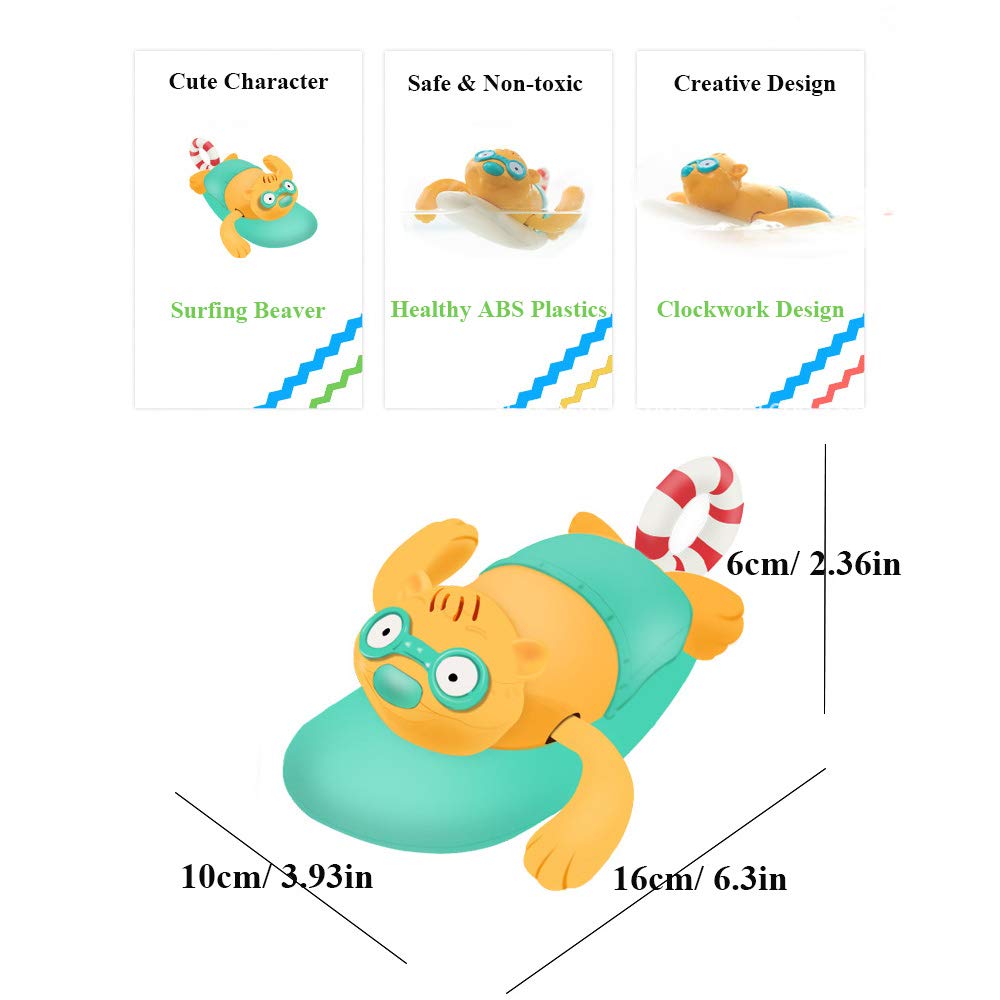 NEXTAKE Pull String Baby Bath Toy Pull & Go Beaver Cute Surfing Beaver Swimming Beaver Windup Clockwork Bathtub Toy for Toddlers (Blue)