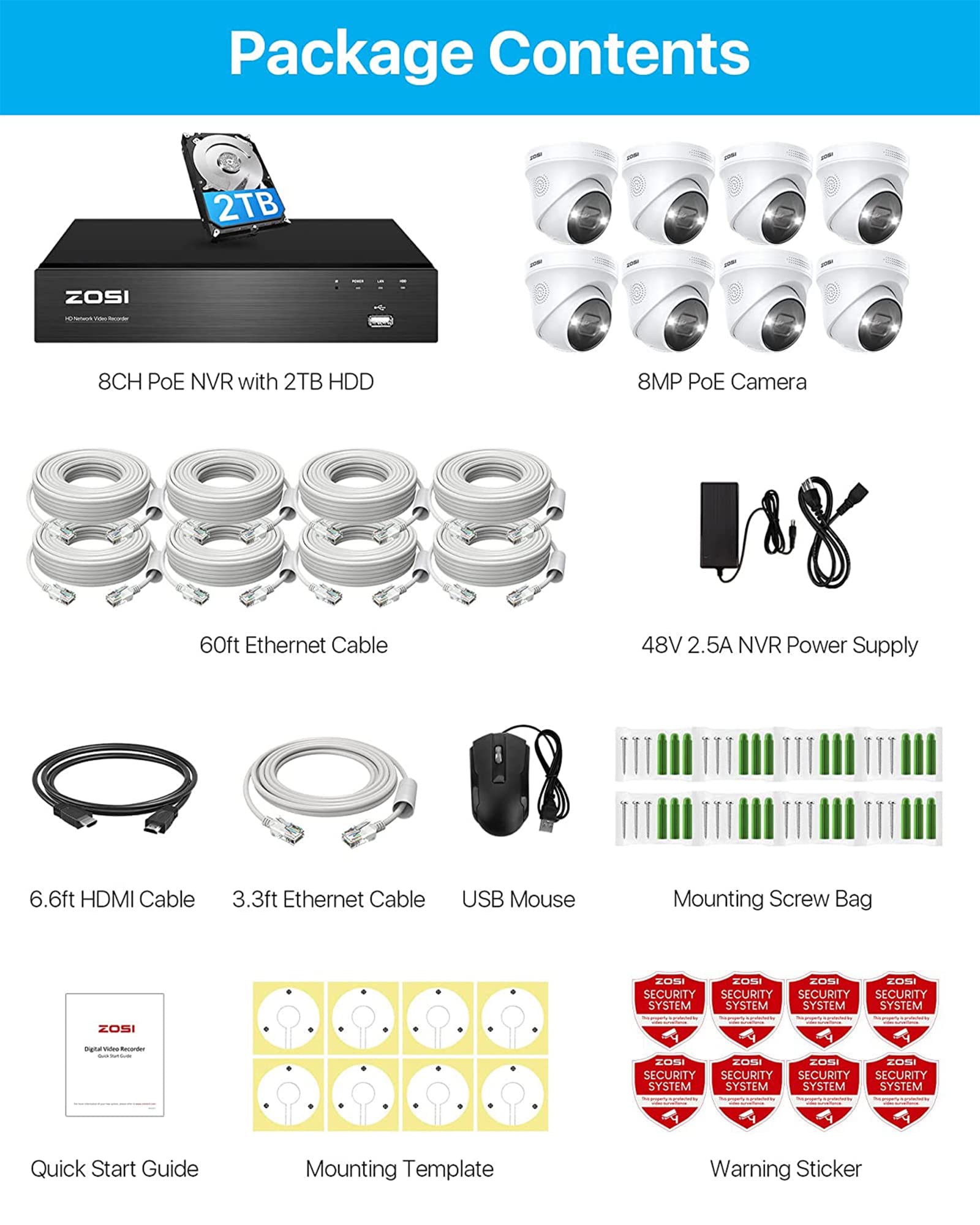 ZOSI H.265+ 4K PoE Home Security Camera System Outdoor Indoor,4K 8 Channel NVR with 2TB Hard Drive and 8pcs 8MP Surveillance PoE Cameras,100ft Night Vision,Motion Detection,for 24/7 Recording