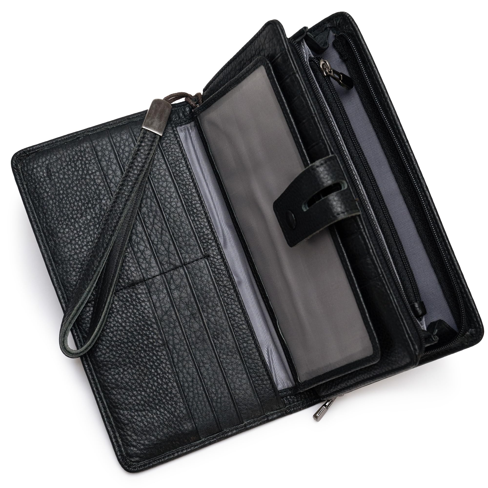 Bveyzi Women's Big Fat Rfid Leather Wristlet Wallet Organizer Large Phone Checkbook Holder with Zipper Pocket (Dark Green)