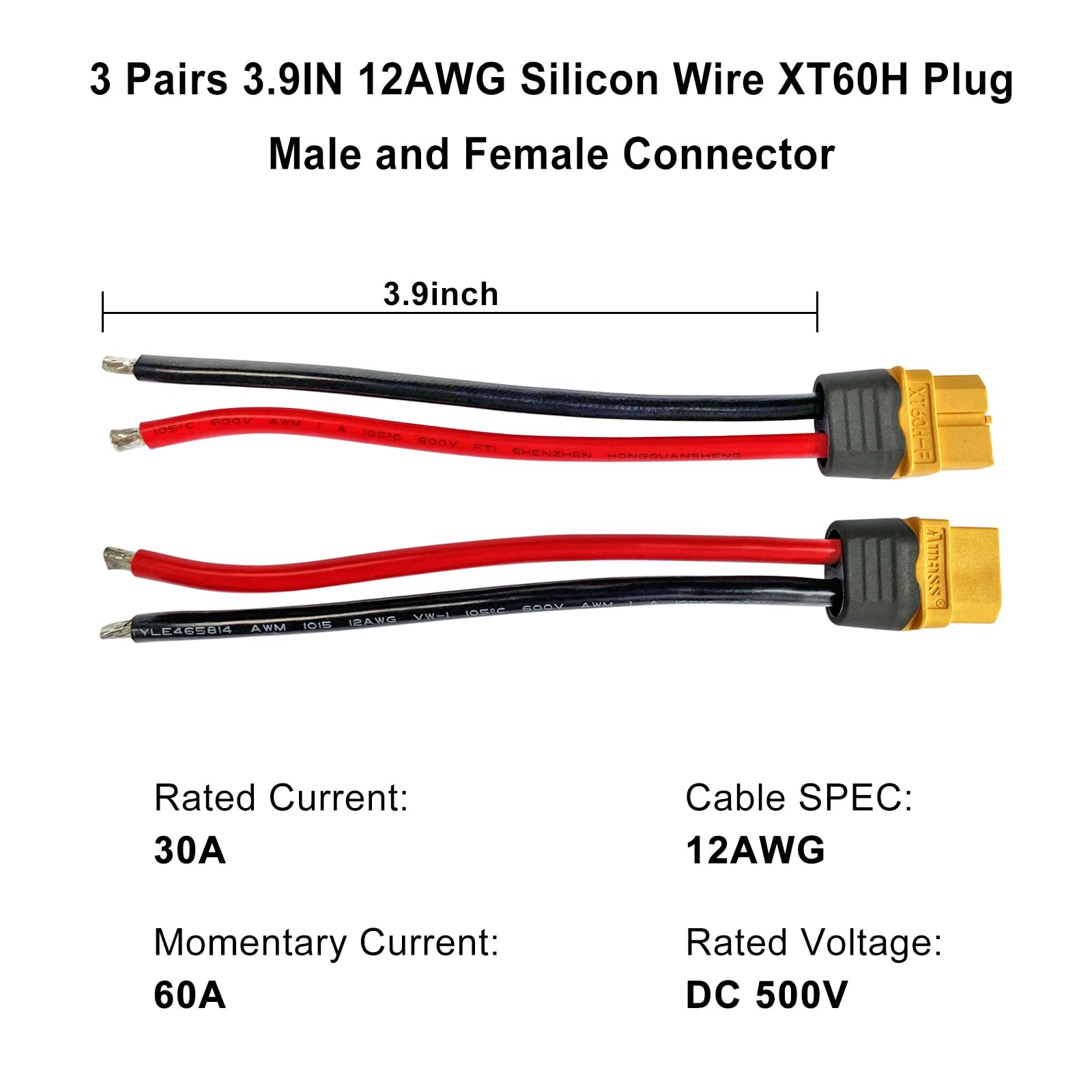 3Pairs XT60H/XT60 Plug Male Female Connector with Sheath Housing 3Pairs(6pcs) 12AWG 10cm xt60h Extension Cable