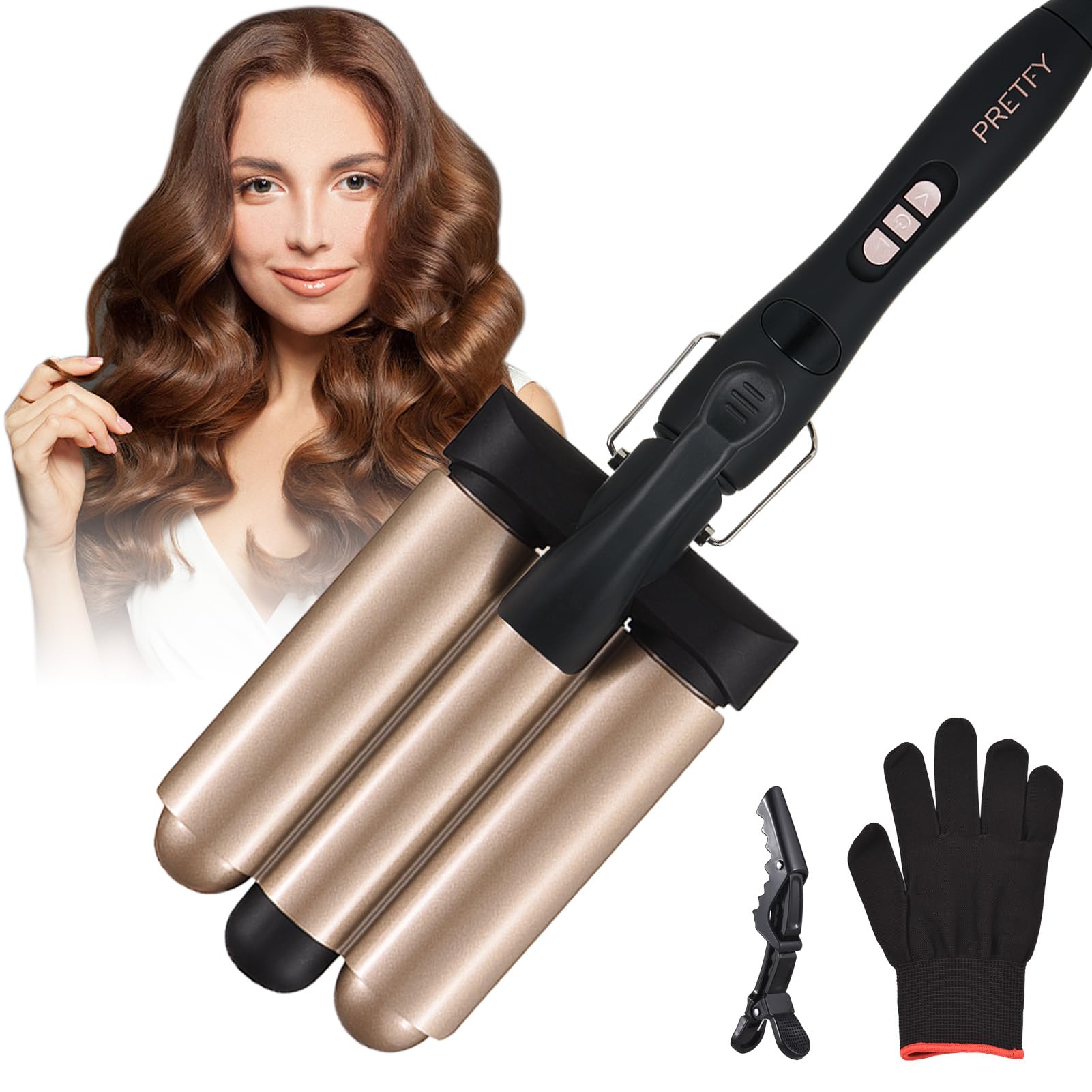 3 Barrel Curling Iron Wand, 1.25 Inch Ceramic Tourmaline Triple BarrelsďźTemperature Adjustable Portable Crimper Hair Iron for Beach Waves, Hair Waver Heats Up Quickly with LCD Temp DisplayďźRose Goldďź