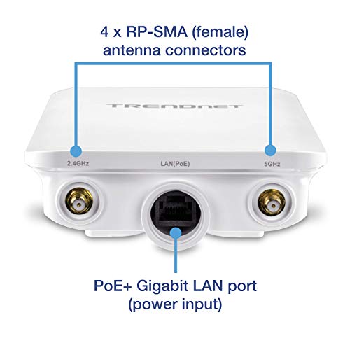TRENDnet 5 DBI Wireless AC1300 Outdoor PoE+ Omni-Directional Access Point, TEW-841APBO, 4 X 5 DBI Omni Directional Antennas, Point-to-Point & Point-to-Multi-Point WiFi Bridging, IEEE 802.3AT PoE+