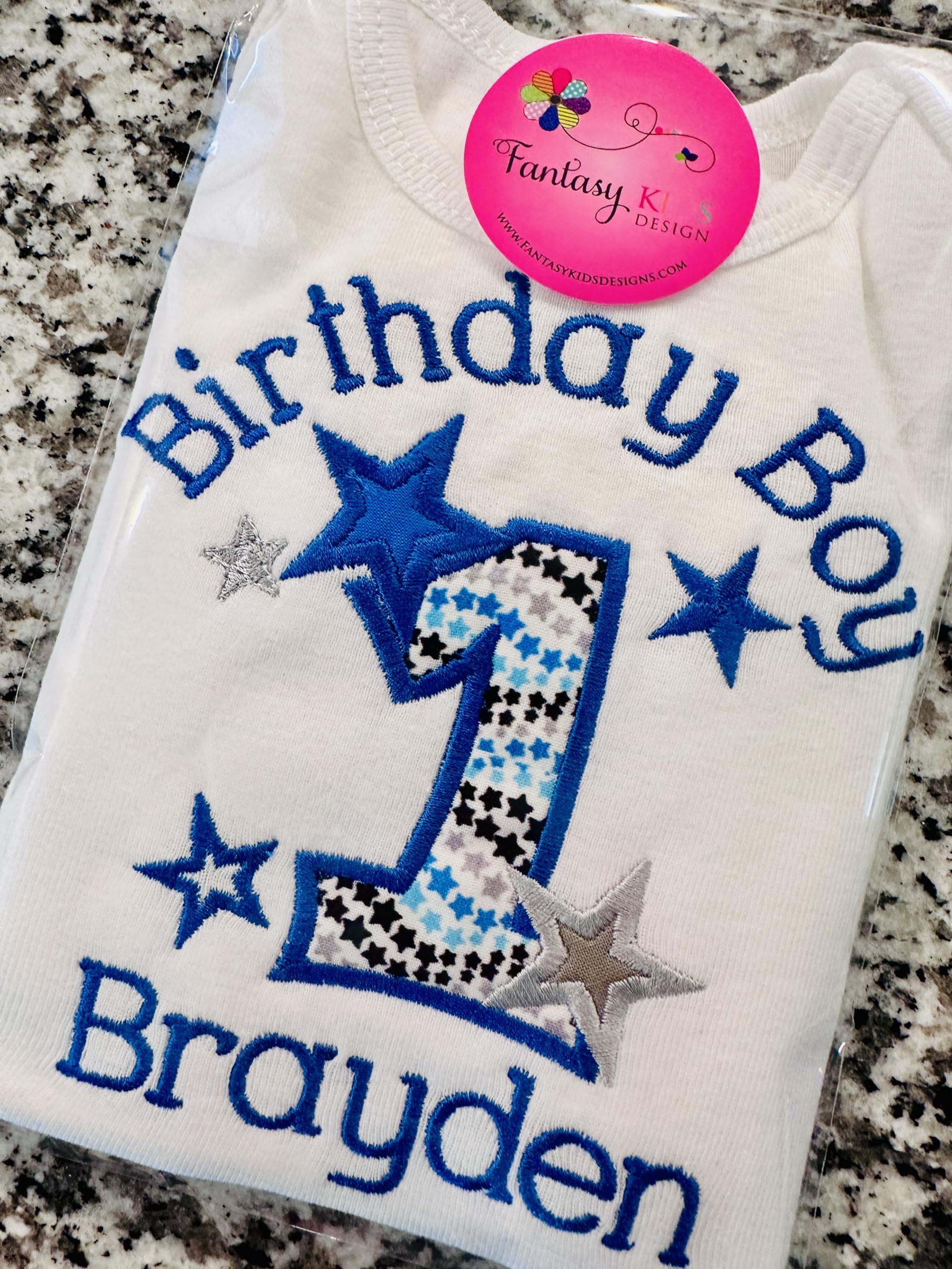 Fantasy Kids Designs First Birthday Boy Outfit Bodysuit Personalized with Custom Name (12 Months Short Sleeve, Royal Blue)