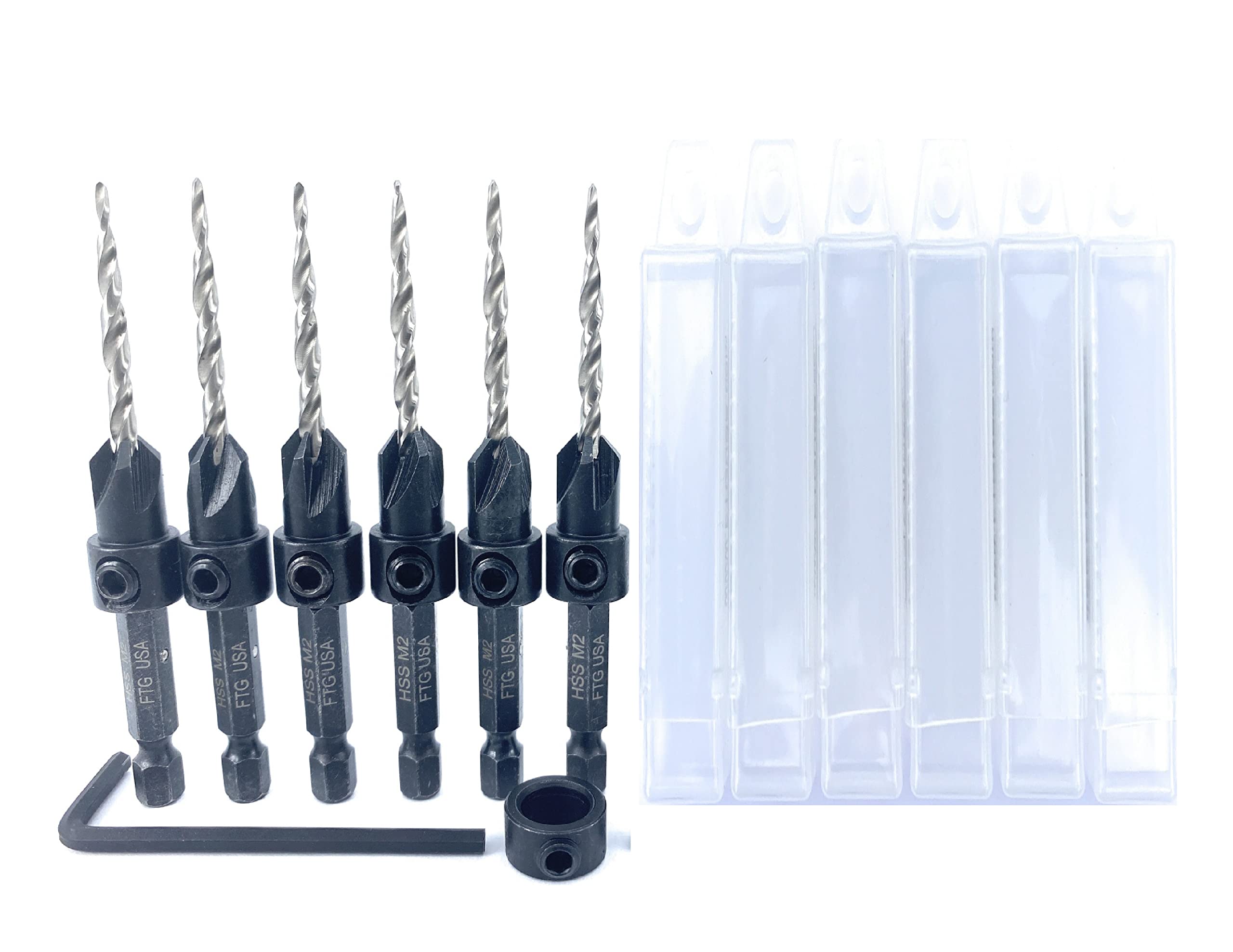 FTG USA Countersink Drill Bit Set 6 Pc #6 (9/64") with 6 Storage Containers for Wood Countersink Drill Bit Pro Pack Countersink Set, Tapered Countersink Bit, 1 Stop Collar, Hex Wrench,