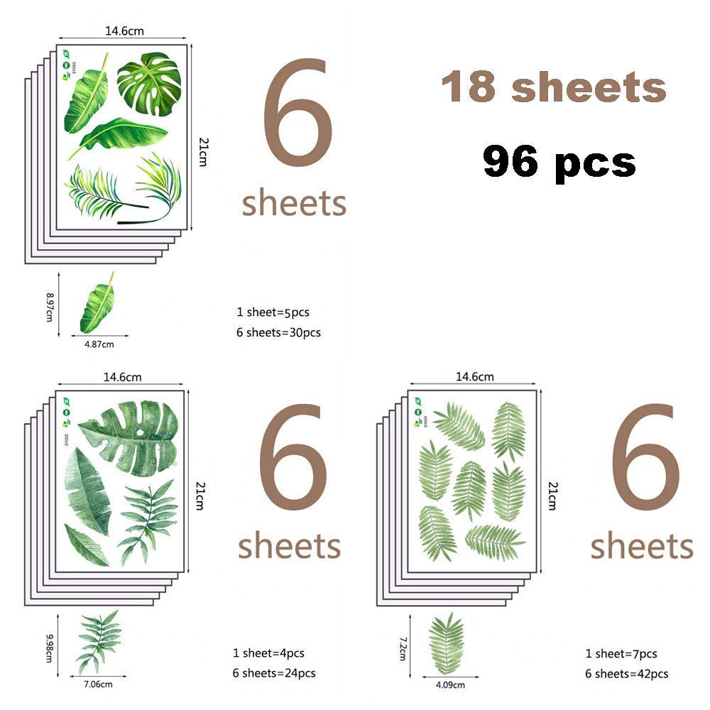 Finduat 96 Pcs Palm Leaf Wall Stickers Decals, Floor Decals, Classroom Home Party Decoration Removable Tropical Plants Tree Leaves Stickers for Kids Nursery Room Decor