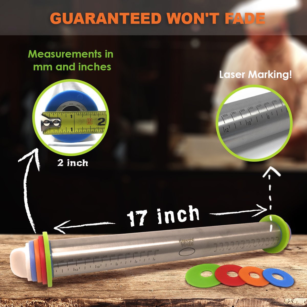 Adjustable Rolling Pin with Thickness Rings Guides - Non Stick - 17 inch Large Heavy Duty Stainless Steel French Style Dough Roller for Baking Pizza Pie Pastries and Cookies