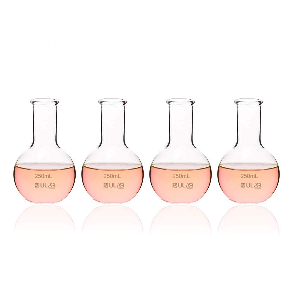 ULAB Boiling Flask of Flat Bottom Set, 4pcs of Vol.250ml, Borosilicate 3.3 Glass Material, UBF1009