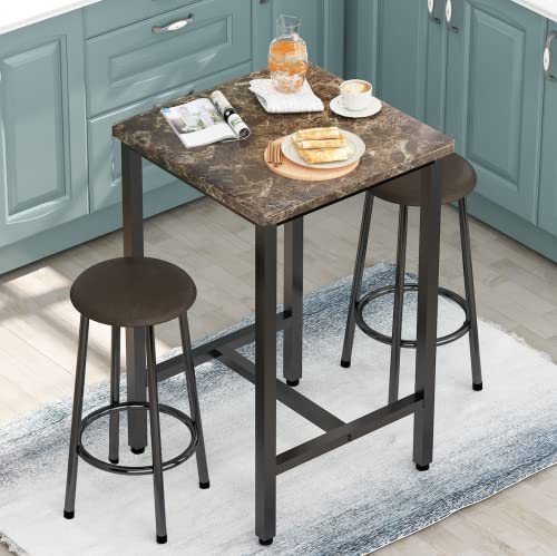 AWQM 3 Piece Dining Table Set Bar Table and Chairs Set for 2 Faux Marble Kitchen Counter Height Dining Table Set with 2 Padded Stools 3-Piece Modern Pub Table Set, Marble Brown, 23.6"