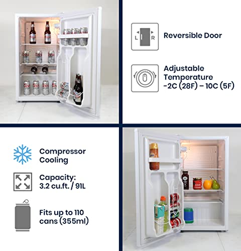 Coors Light Rocky Mountain 3.2 cu ft (90L) refrigerator Compact Fridge Bottle Opener White Space Saving Flat Back Design Reversible Door Adjustable Temperature Control Tempered Glass Shelves Office RV