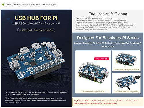 Waveshare USB 3.2 Gen1 HUB HAT, Compatible with Raspberry Pi 5/4B/3B/Zero/Zero W/Zero 2W/Pico/Pico W/Pico WH, 4X USB 3.2 Gen1 Ports, No Driver Required