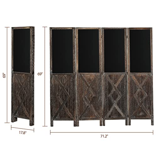 5.8Ft Tall Wood Room Divider with Chalkboard Panels, 4 Panel Rustic Folding Privacy Screens Room Divider, Partition Wall dividers for Rooms, Room Separator, Folding Screen, Rustic Barnwood, Brown