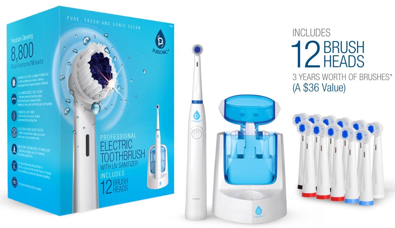 Pursonic RET200 Power Rechargeable Electric Toothbrush With UV Sanitizing Function, 12 Brush Heads Included