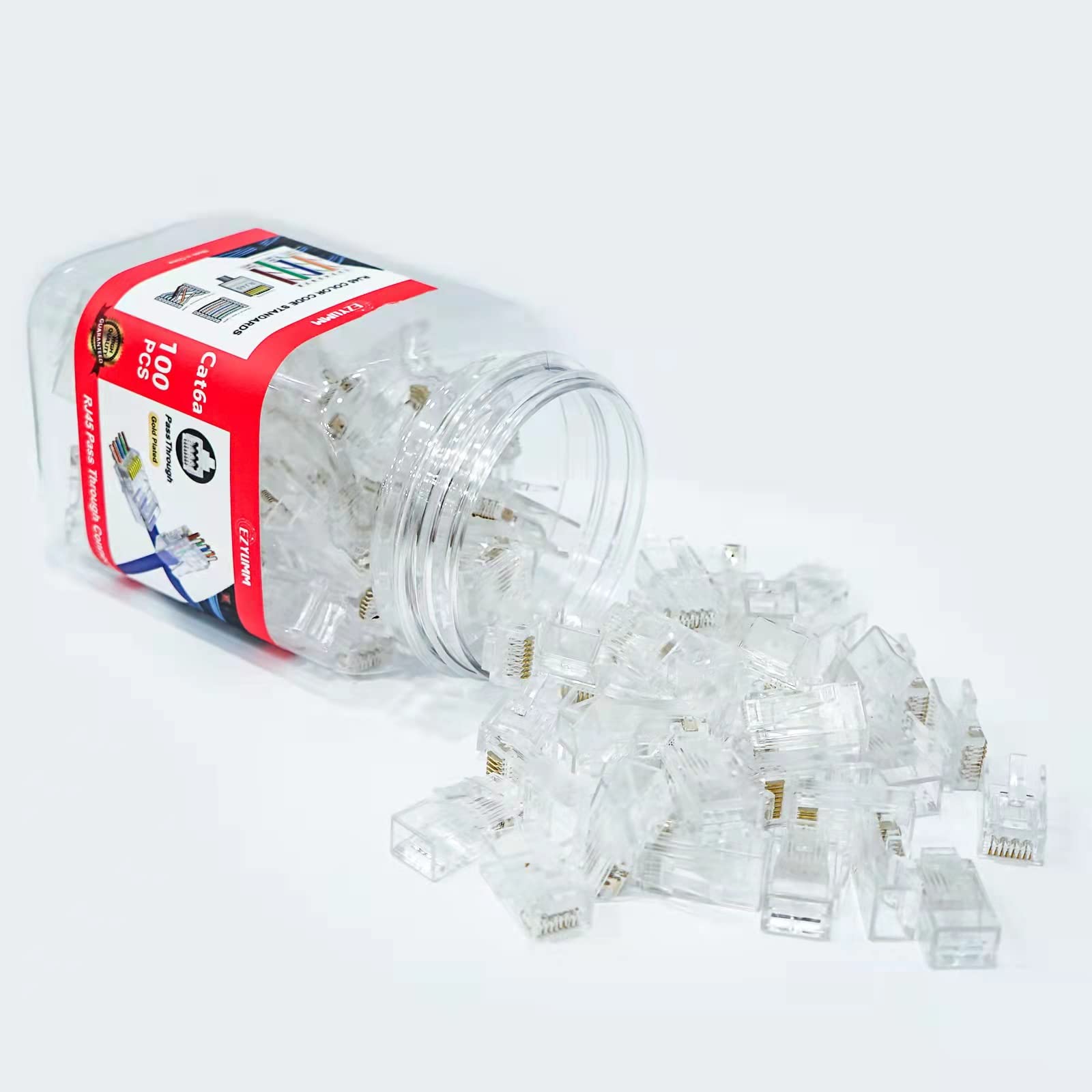 EZYUMM 100 Pieces RJ45 Cat6a Pass Through Connectors Gold Plated Cat 6a Bold Connector for Thick 23 AWG Cables