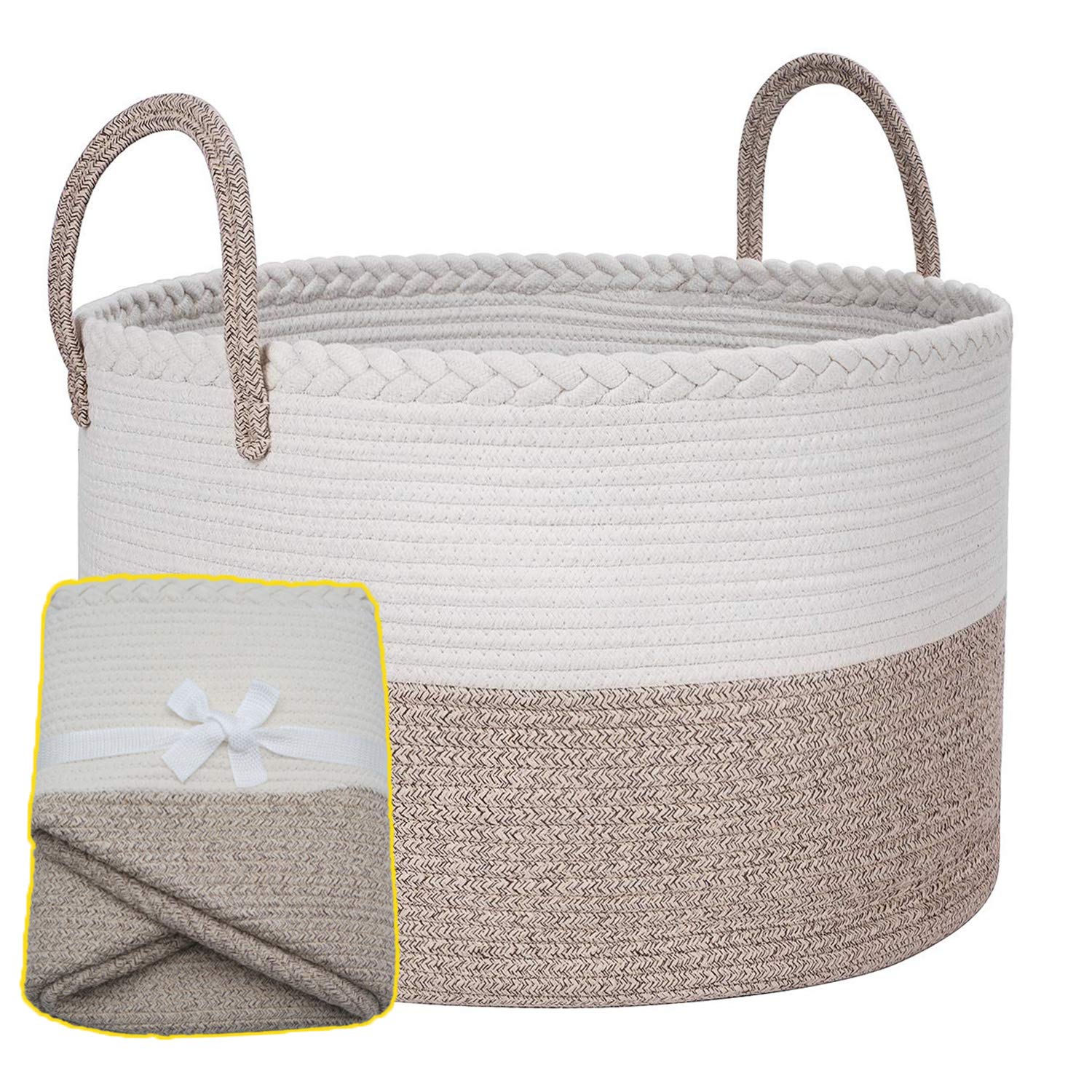FENG@YE XXXL Extra Large 21.7 x 21.7 x 13.8 Inchs Natural Cotton Rope Basket Decorative Woven Basket Storage Baby Laundry Hamper with Handles for Baby and Kids Room Toy Bin Blanket Basket