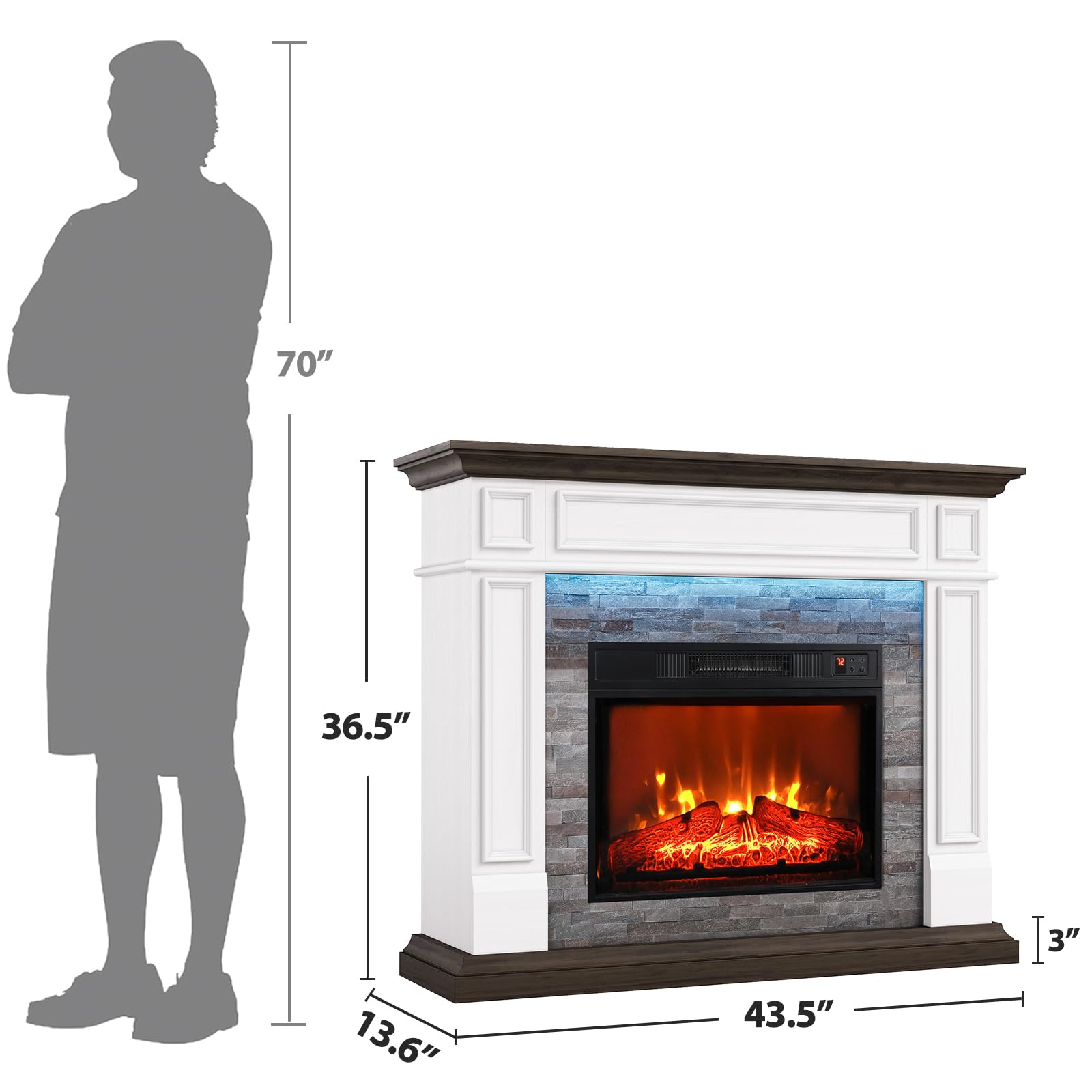 44 Inches LED Electric Fireplace with Mantel, Portable Freestanding Wood Stove Heater, Realistic 3D Dancing Flame LED Effect and Stacked Stone Surround, Remote Control Timer for Living Room