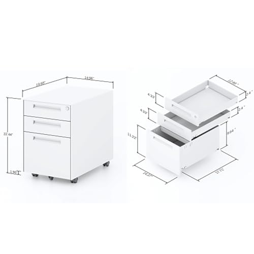 3 Drawer Metal Mobile Vertical Locking File Cabinet with Lock, Under Desk Rolling Filing Cabinets for for Home Office,Fully Assembled Except Wheels,Anti-Tilting Waterproof Moisture-Proof Mount-It! Mob