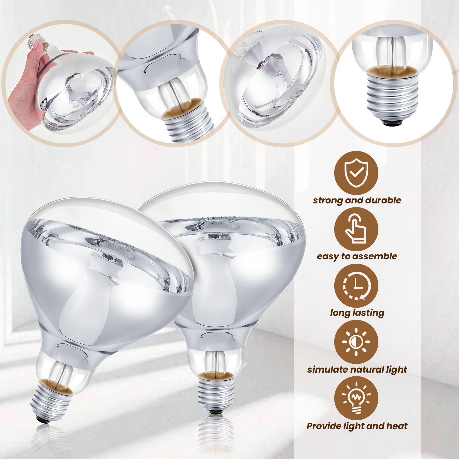 Tujoe 6 Pcs 110V Clear Infrared Heat Bulbs Heat Lamp Bulbs Medium E26 Base, Infrared Heat Flood Light Bulbs for Bathroom Food Puppies Chickens Brooder Pets