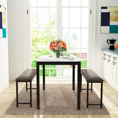 AWQM 3 Pieces Dining Room Table Set, Kitchen Table Set with Faux Marble Top Table and 2 PU Leather Upholstered Benches for Breakfast Nook, Apartment and Compact Space, White