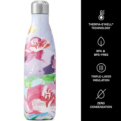 S'well Stainless Steel Water Bottle - 17 Fl Oz - Lilac Posy - Triple-Layered Vacuum-Insulated Containers Keeps Drinks Cold for 36 Hours and Hot for 18 - BPA-Free - Perfect for the Go