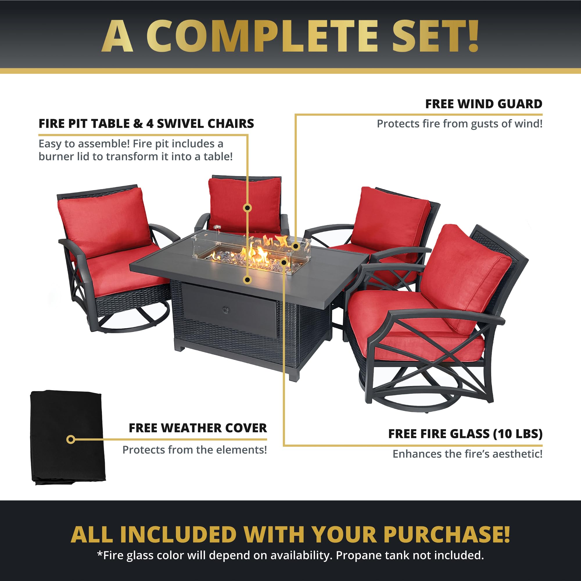 Kinger Home Novi 5-Piece Outdoor Patio Furniture Set with 52-Inch Propane Fire Pit Table - CSA Certified, 50,000 BTU, Swivel Chairs, Aluminum Frame, Includes Fire Glass & Wind Guard