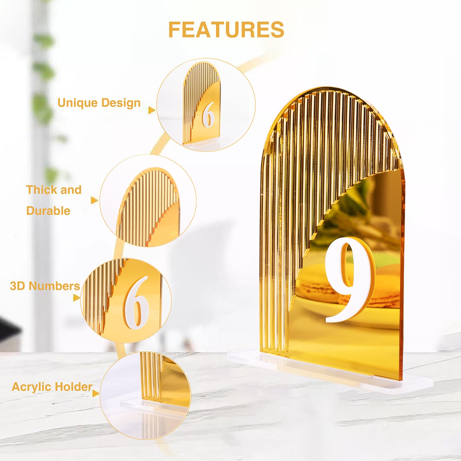 Sage Nation 15 pcs Gold Arch Wedding Table Numbers, 4x6 inch Acrylic Table Numbers, 3-D Mirrored Signs With Stands Perfect for Wedding Reception, Party, Restaurant, Event Decor