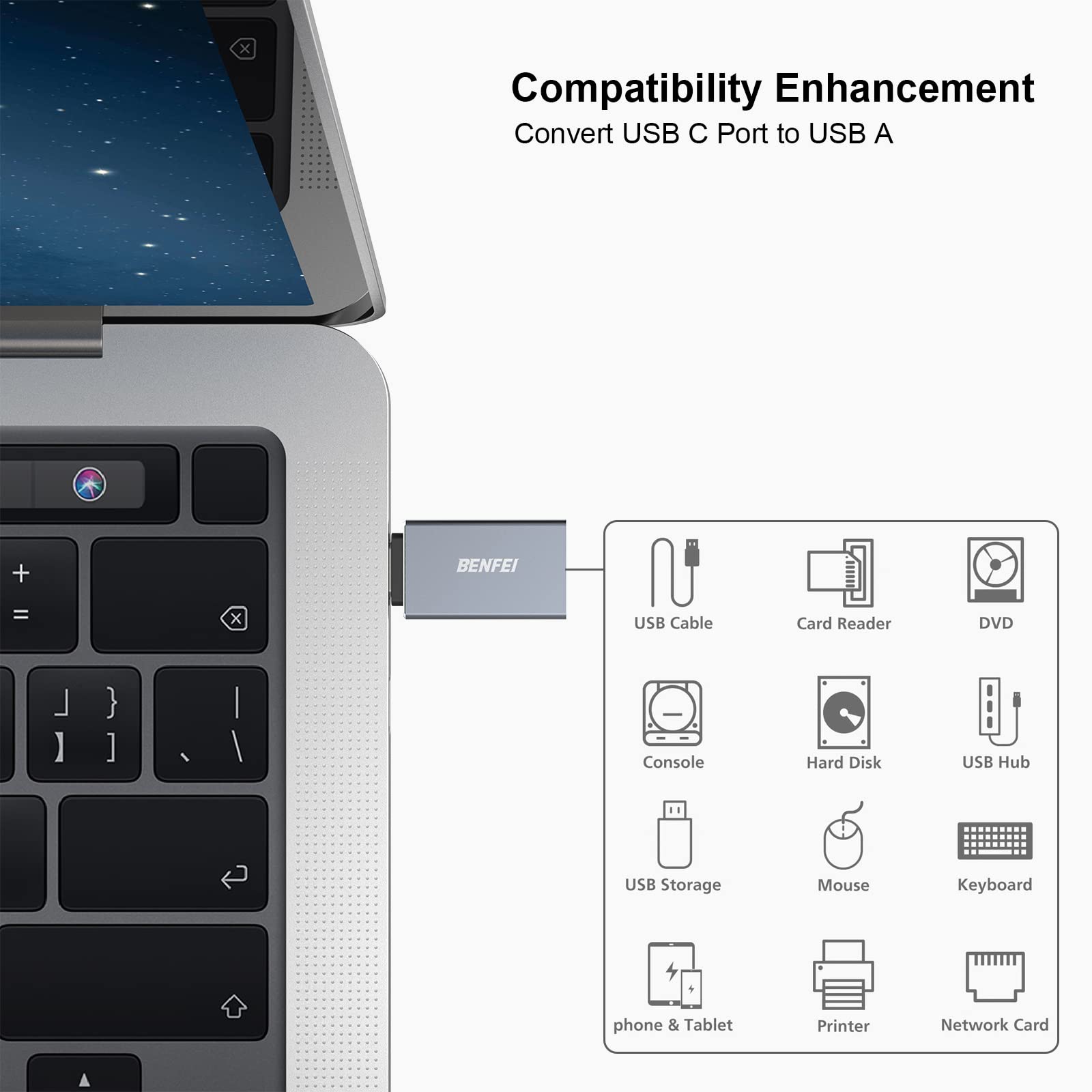 BENFEI USB C to USB 3.0 Adapter, 3 Pack USB C to A Male to Female Adapter Compatible with iPhone 15 Pro/Max, MacBook Pro/Air 2023, iPad Pro, iMac, S23, XPS 17, Surface Book 3 and More - Gray