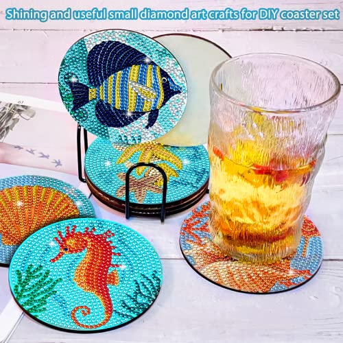 BSRESIN 8 Pcs Diamond Painting Coasters with Holder, Ocean Diamond Art Coasters DIY Crafts for Adults, Small Diamond Painting Kits Supplies
