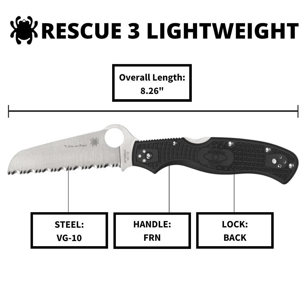 Spyderco Rescue 3 Lightweight Knife with 93mm Flat Ground Steel Blade and Tunnel to Towers Black FRN Handle - SpyderEdge - C14FSBKBL3
