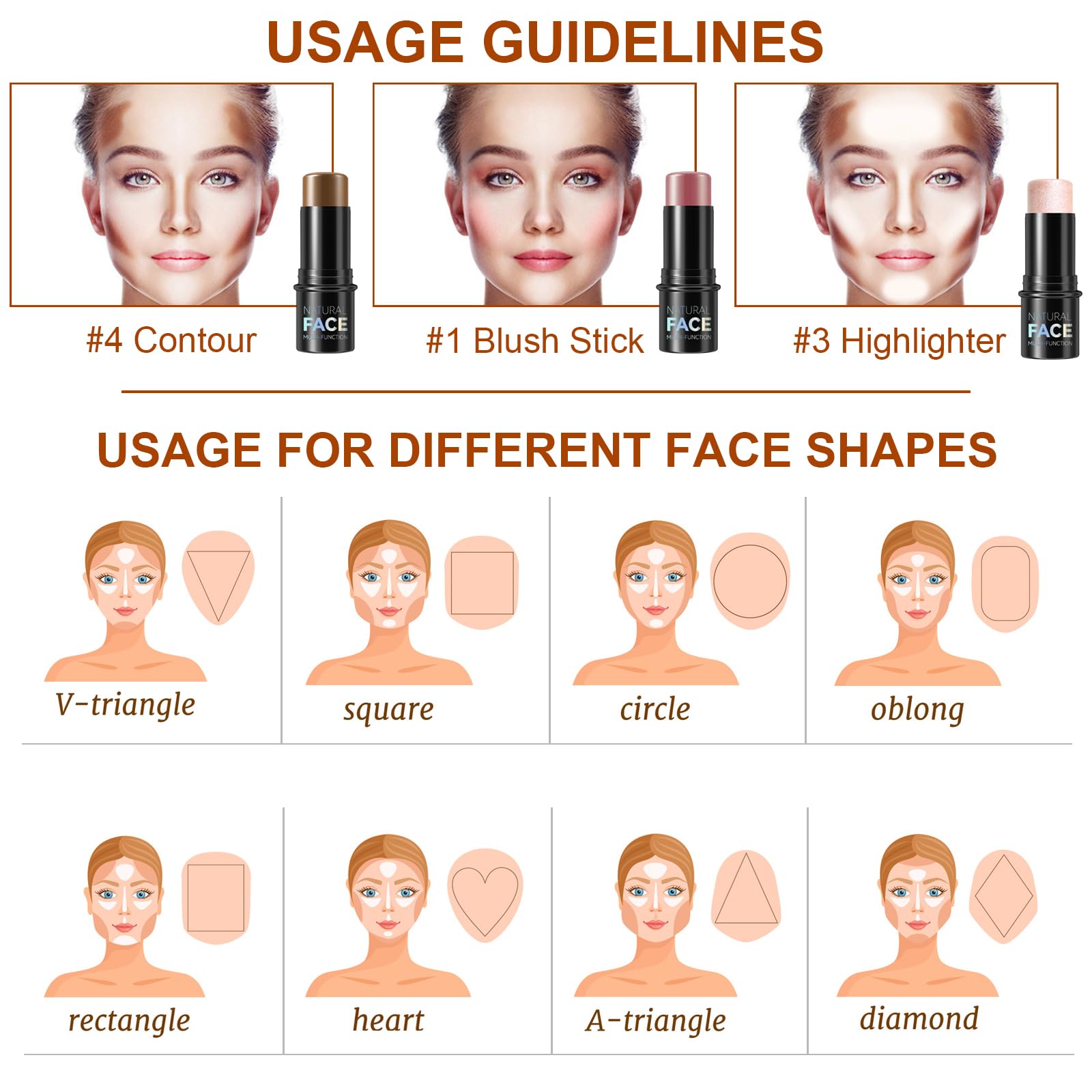3Pcs Cream Contour Stick Makeup Kit,Shades with Highlighter Stick,Blush Stick and Bronzer Contour Stick for Sculpt the Cheeks,Long Lasting,Waterproof,Matte & Dewy Finish,LIGHT MEDIUM (#02,05,06)