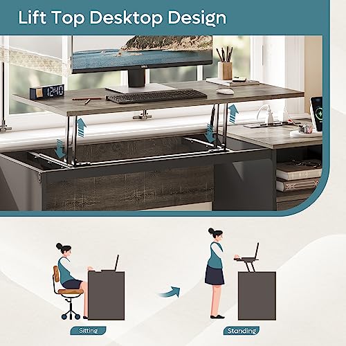 Bestier Lift Top Computer Desk with File Drawer, 60" Large Office Desk with Power Outlet USB Port Built in Writing Study Computer Table with Storage Workstation for Home Office Bedroom, Gray