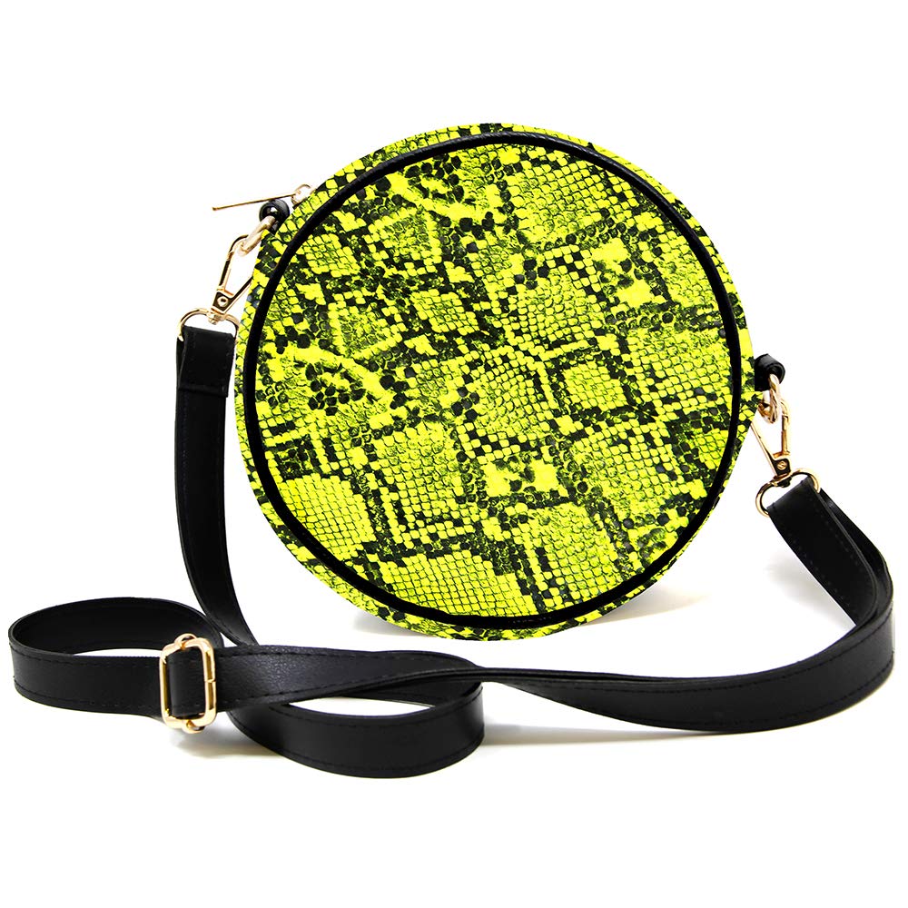 by you Women Fashion Snakeskin Pattern Small Round Cellphone Crossbody Purse Shoulder Bag Belt Bag Adjustable Strap (Round Snake Print - Neon Yellow)