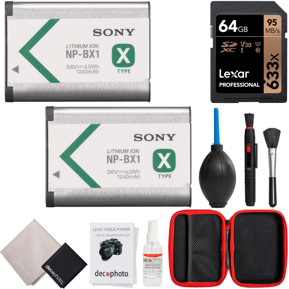 Sony NP-BX1 Lithium-Ion X Type Battery, Silver (2-Pack) Bundle with Lexar Professional 633x 64GB UHS-1 Class 10 SDXC Memory Card and Deco Photo All-in-One Cleaning Kit with Carry Case (7 Items)