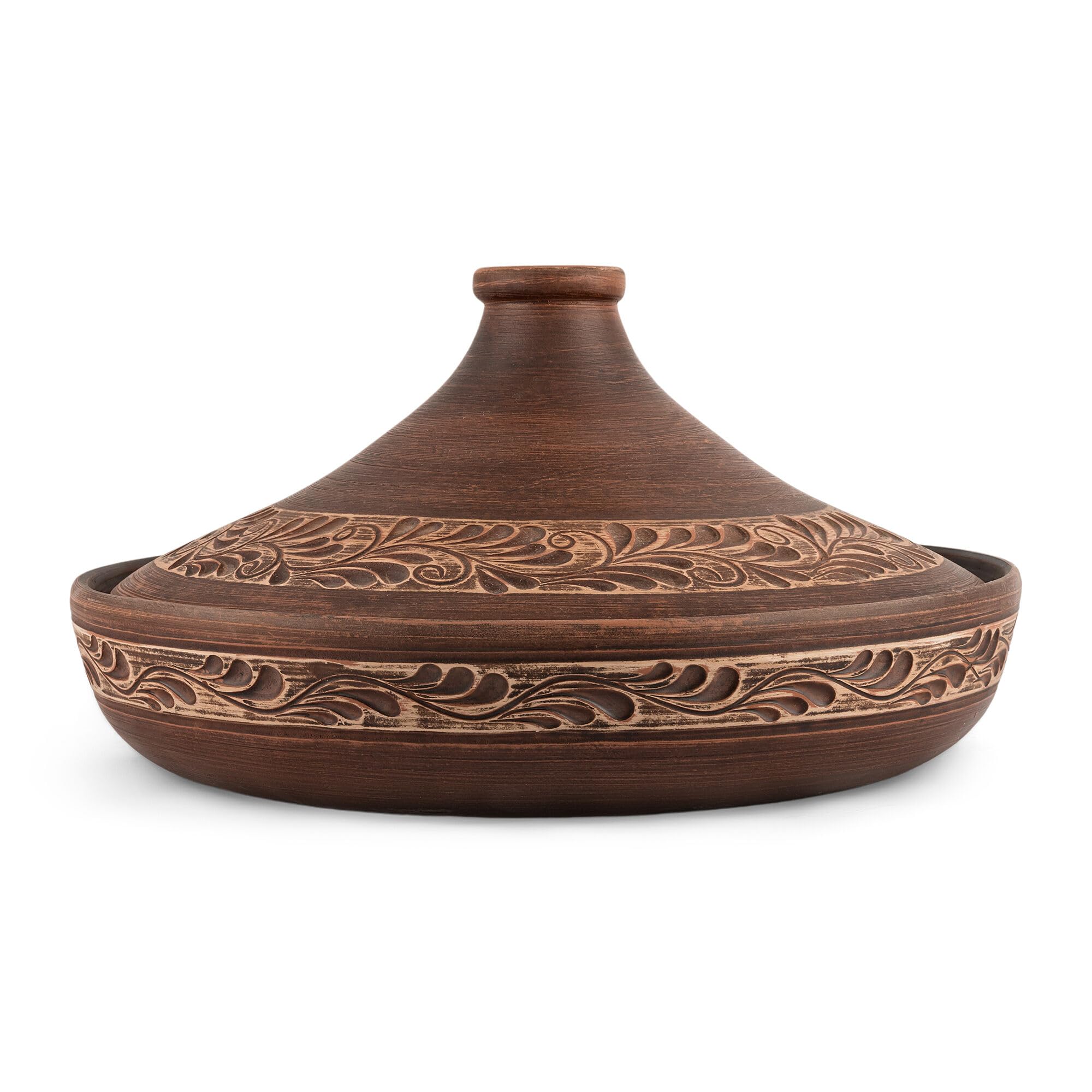 Handmade Red Clay Stoneware Tajine. Engobe Décor, Tajine with Ceramic Cone-Shaped Closed Lid, Tagines Pots With Pre Seasoned Cast Iron Diffuser, Caribbean One-Pot Tajine Cooking, Cookware Gift (Red 2.1 Qt)