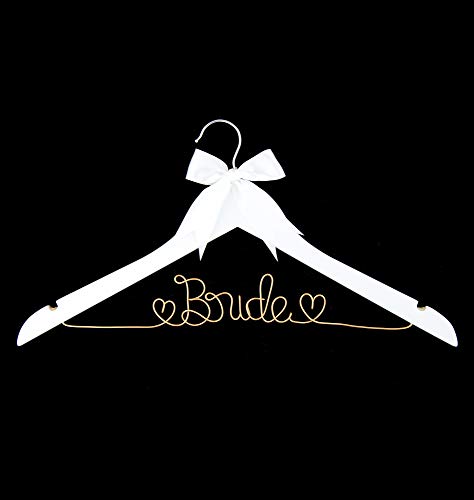 Ella Celebration Bride to Be Wedding Dress Hanger Wooden and Wire Hangers for Brides Gowns, Dresses (White with Light Gold and Bow)