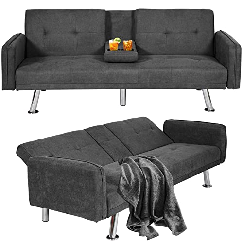 AWQM Futon Sofa Bed,Modern Upholstered Convertible Folding Sleeper Sofa,Recliner Futon Couch Bed with Armrests 2 Cup Holders,for Living Room,Apartment,72.4" L x 18.5" D x 29.9" H,Dark Grey