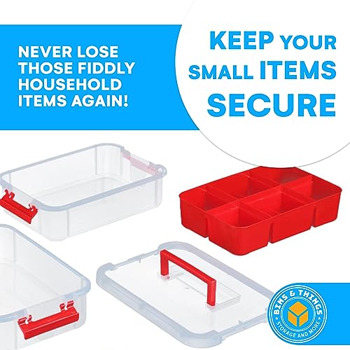 Bins & Things 2 Trays Stackable Storage Organizers Container with Compartments - Arts and Crafts Supply Box - Bead Plastic Organizer - Embroidery Thread Organizing Box - Multi-Divided Holder, Red