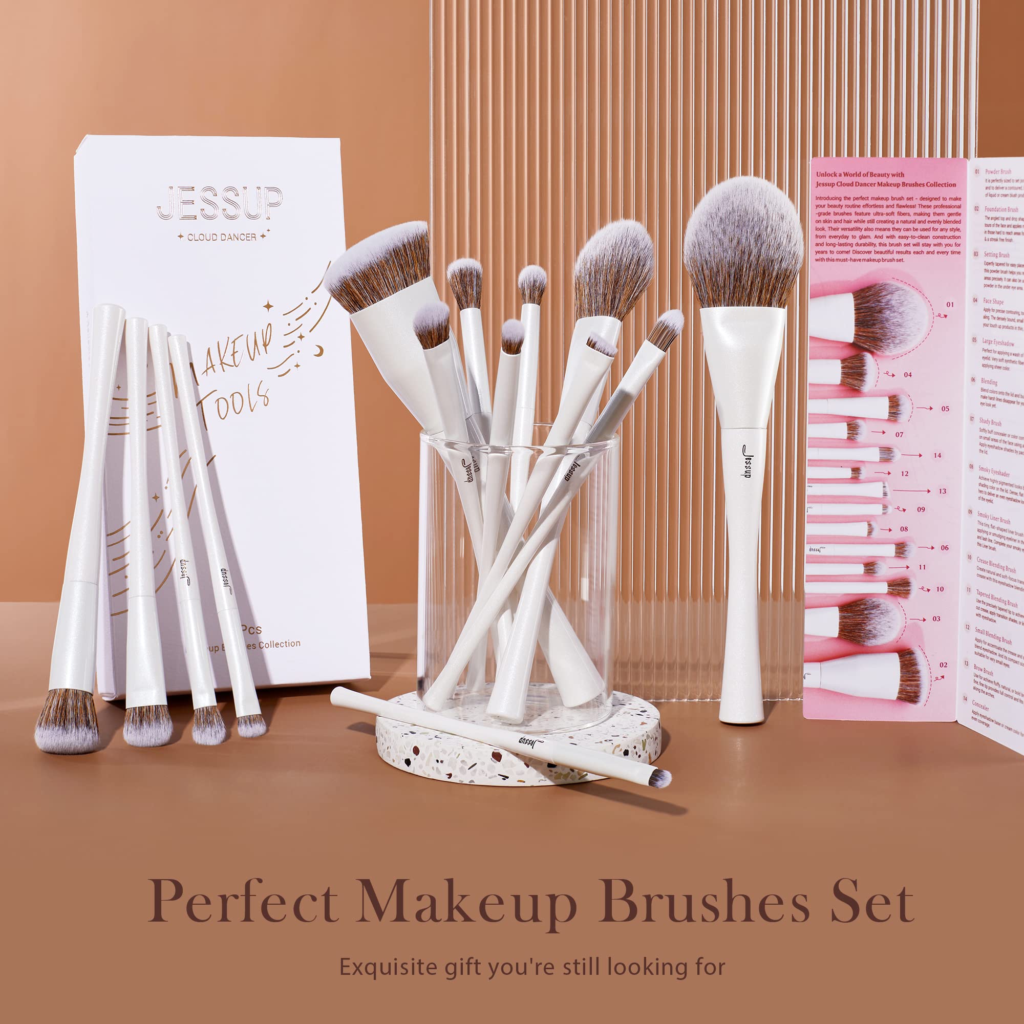 Jessup Makeup Brushes Set 14pcs Make up Brushes Premium Synthetic Foundation Concealer Blush Contour Powder Eye Shadow Blending Brush, Pearl White T343