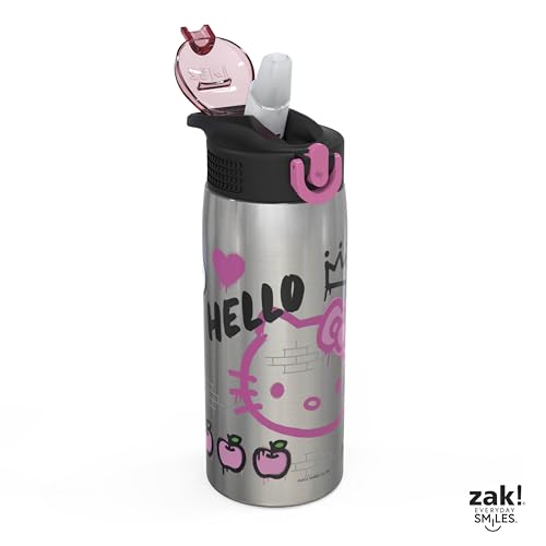 Zak Designs Sanrio Water Bottle for Travel and At Home, 19 oz Vacuum Insulated Stainless Steel with Locking Spout Cover, Built-In Carrying Loop, Leak-Proof Design (Hello Kitty)