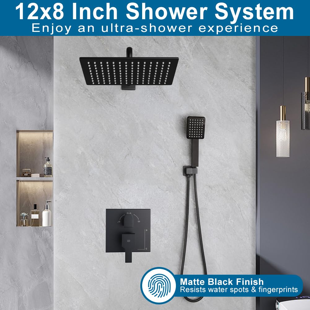 POP SANITARYWARE Matte Black Shower Faucet Set Complete Bathroom Rainfall 10 Inch Shower Head System with Handhled Single Handle Shower Trim Kit with Valve