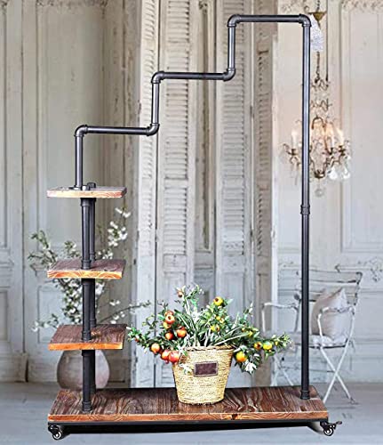 Diwhy Industrial Pipe Clothing Rack 4 Layers Pine Wood Shelving Shoes Rack With Wheels Cloth Hanger Household Shoe Rack Pipe Shelf Garment Racks
