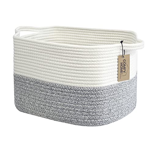 Cotton Rope Woven Basket With Handles for Shelves ,Toys ,Book, Cloth Storage Baskets for Organizing-13.5" x 11" x 9.5" Nursery Cube Bin,Decorative Storage Organizer for Living Room, Bathroom by COMFY-HOMI(White/Grey)