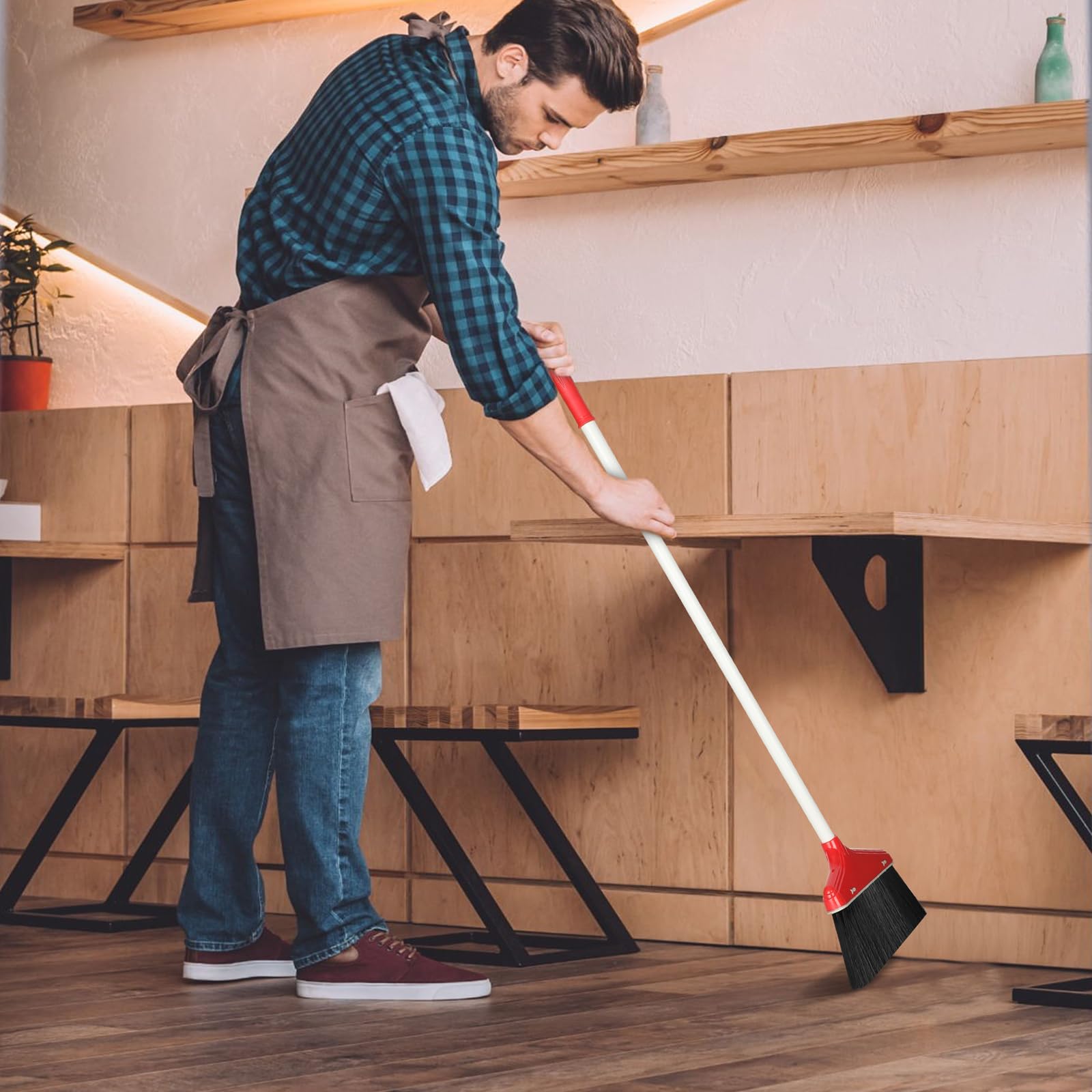 WILLBOND 12 Set Broom and Dustpan Set, Long Handle Broom with Upright Standing Dustpan, Broom with Dustpan Combo Set for Outdoor Kitchen Lobby Office Floor Cleaning (Red)