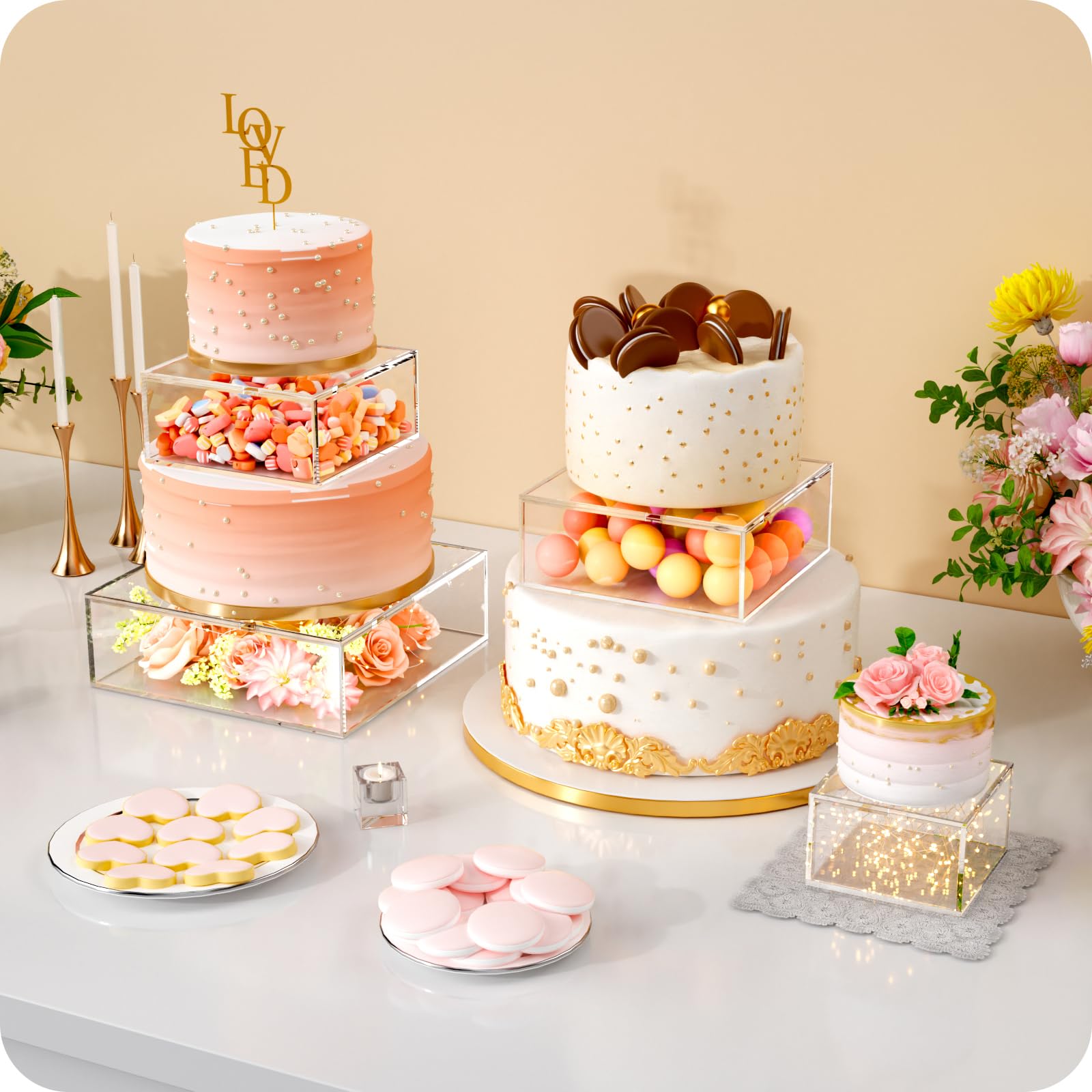 2PCS Clear Acrylic Cake Stand, Fillable Cake Box Riser Cake Tier, Square Cake Display Box with Lid, Decorative Centerpiece Box for Wedding Birthday Party (2pcs, 10" Dx4β H; 6" Dx4β H, 2M LED Lights)